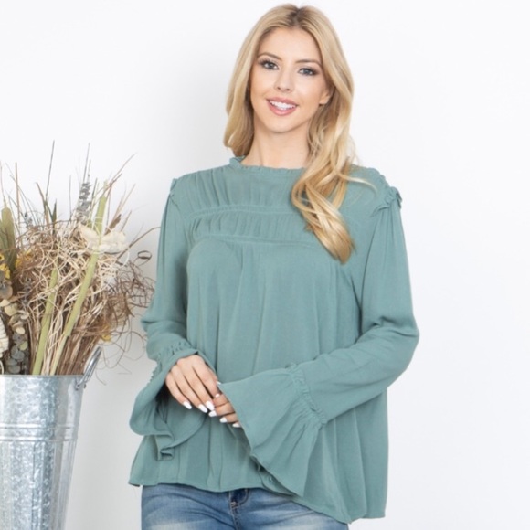 easel | Tops | New Easel Sage Merrow Detail Bell Sleeve Ruffle Blouse ...